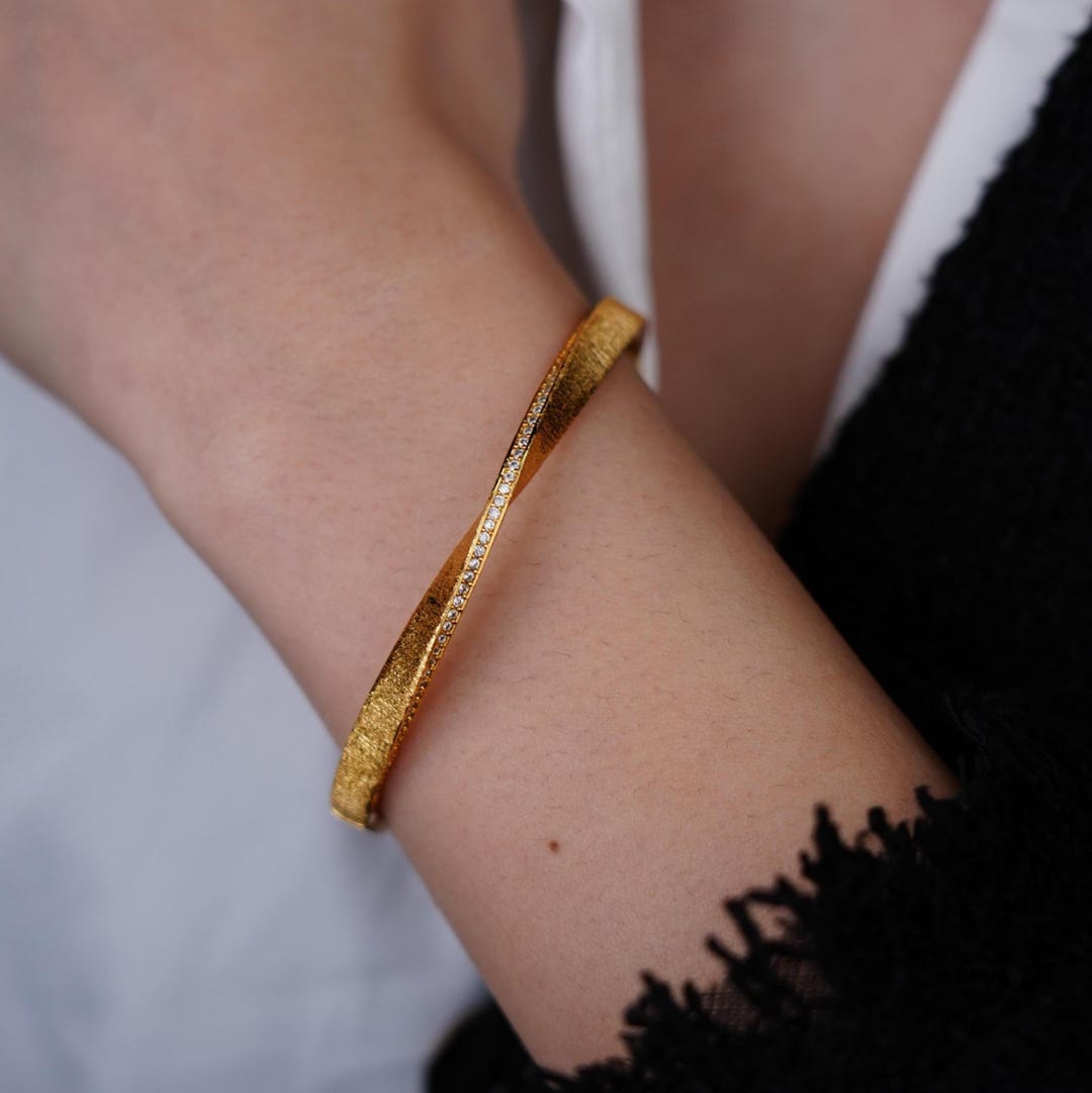 Brushed Matte Gold Bracelet, Mobius Bangle With Pave Crystal, Stacking ...