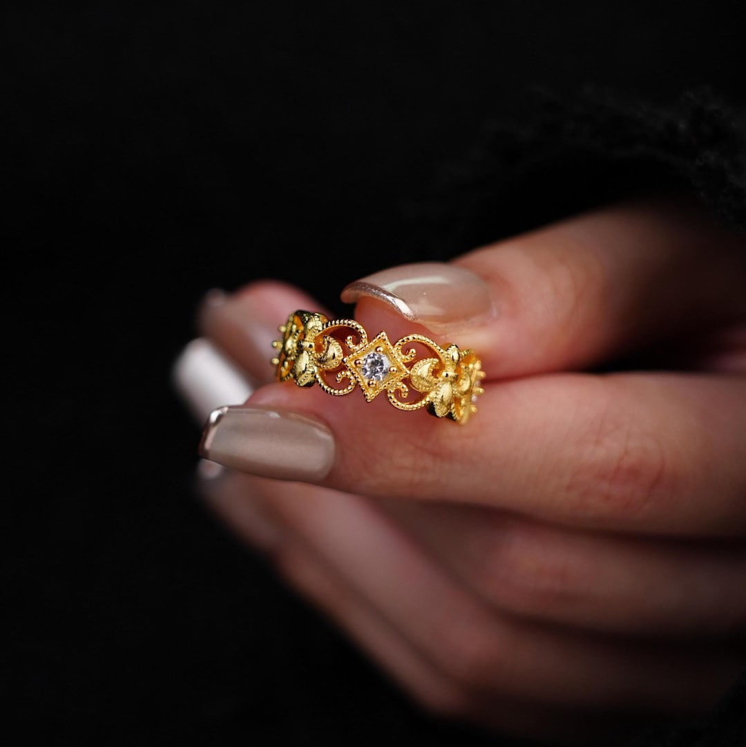 Vintage Style Iris Ring, Floral Filigree Open Cuff, Adjustable Thumb ...