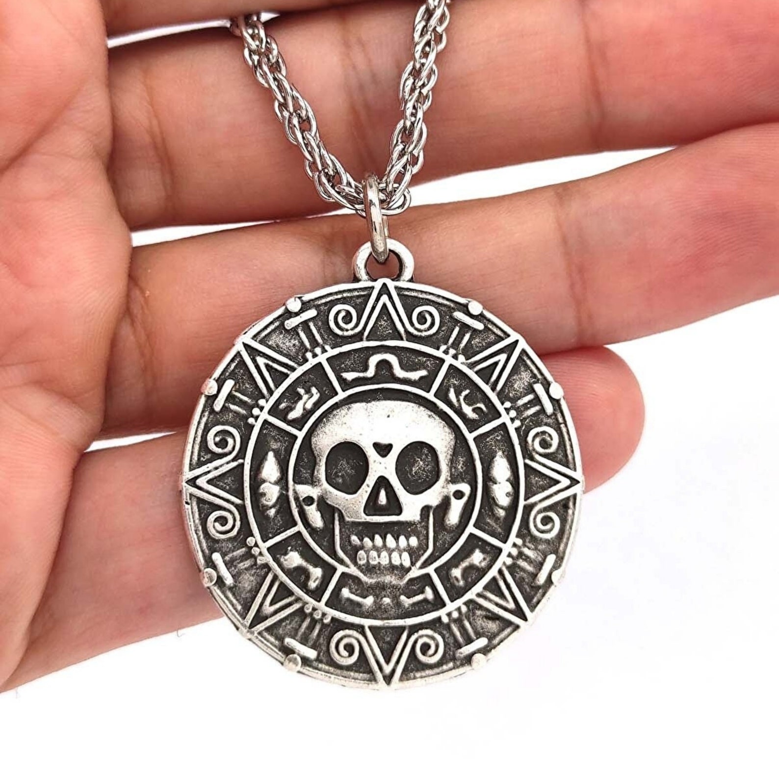 Aztec Coin Locket Necklace, Pirate Skull Pendant, Pirates of the ...