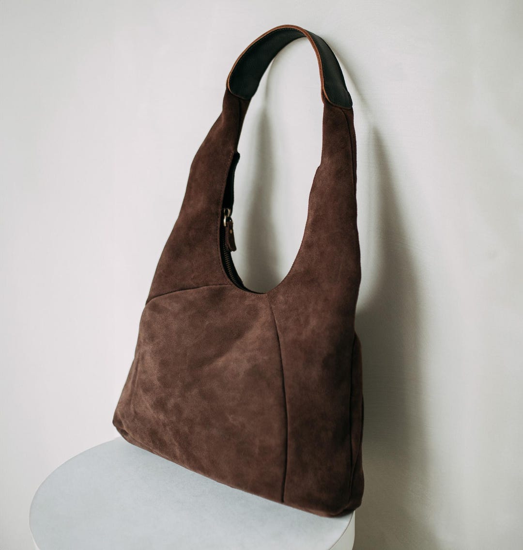 Genuine Suede Dark Chocolate Brown Handbag, Large Brown Suede Bag ...