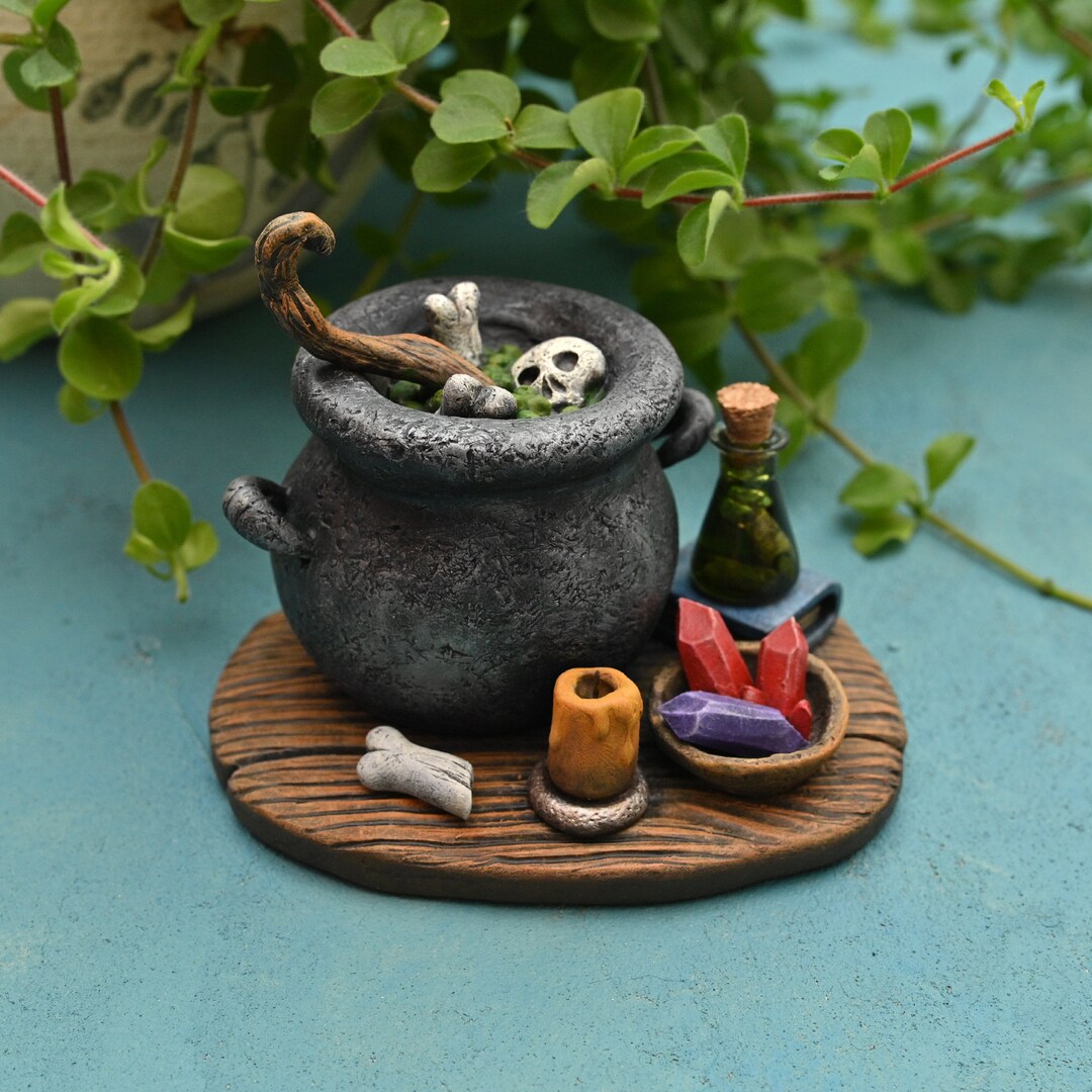 Handmade Polymer Clay Witch Cauldron Figurine, Crystals and Bones - Etsy