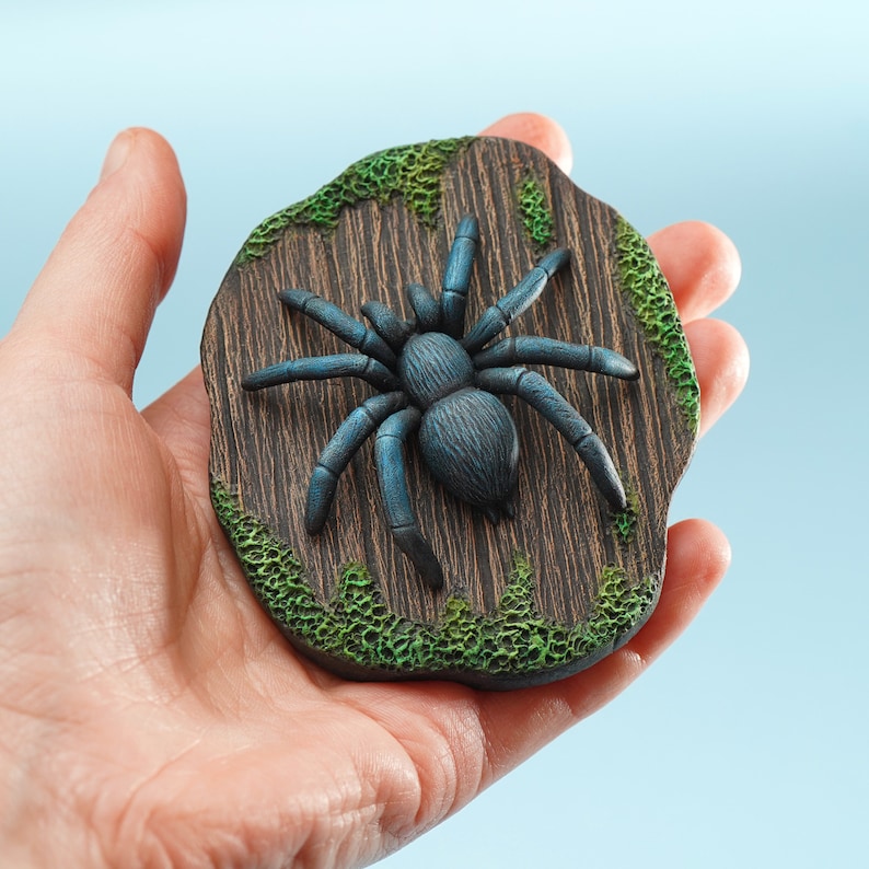 Wall Hanging Figurine in Polymer Clay. Blue Tarantula Spider on Wood ...
