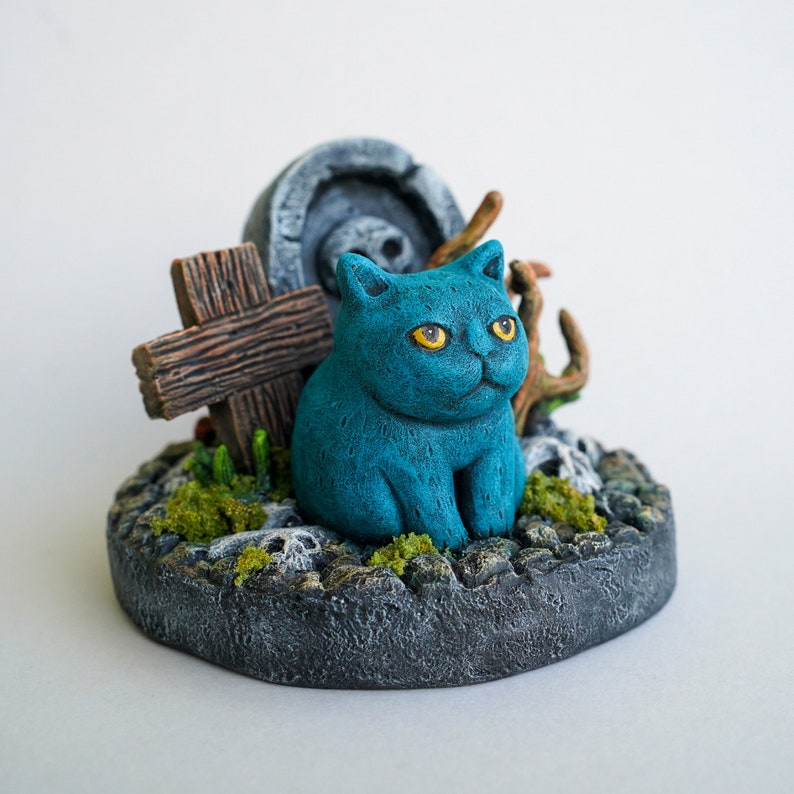 Chubby Blue Cat Sitting on Cemetery. Beautiful Colorful Handmade ...