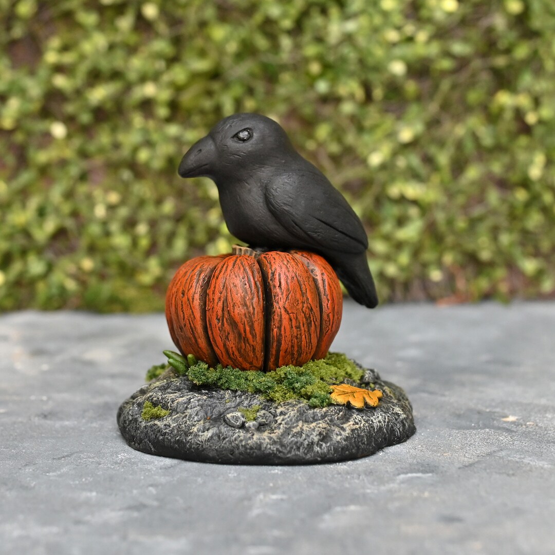 Black Bird Raven on Pumpkin. Spooky Halloween Figurine. - Etsy