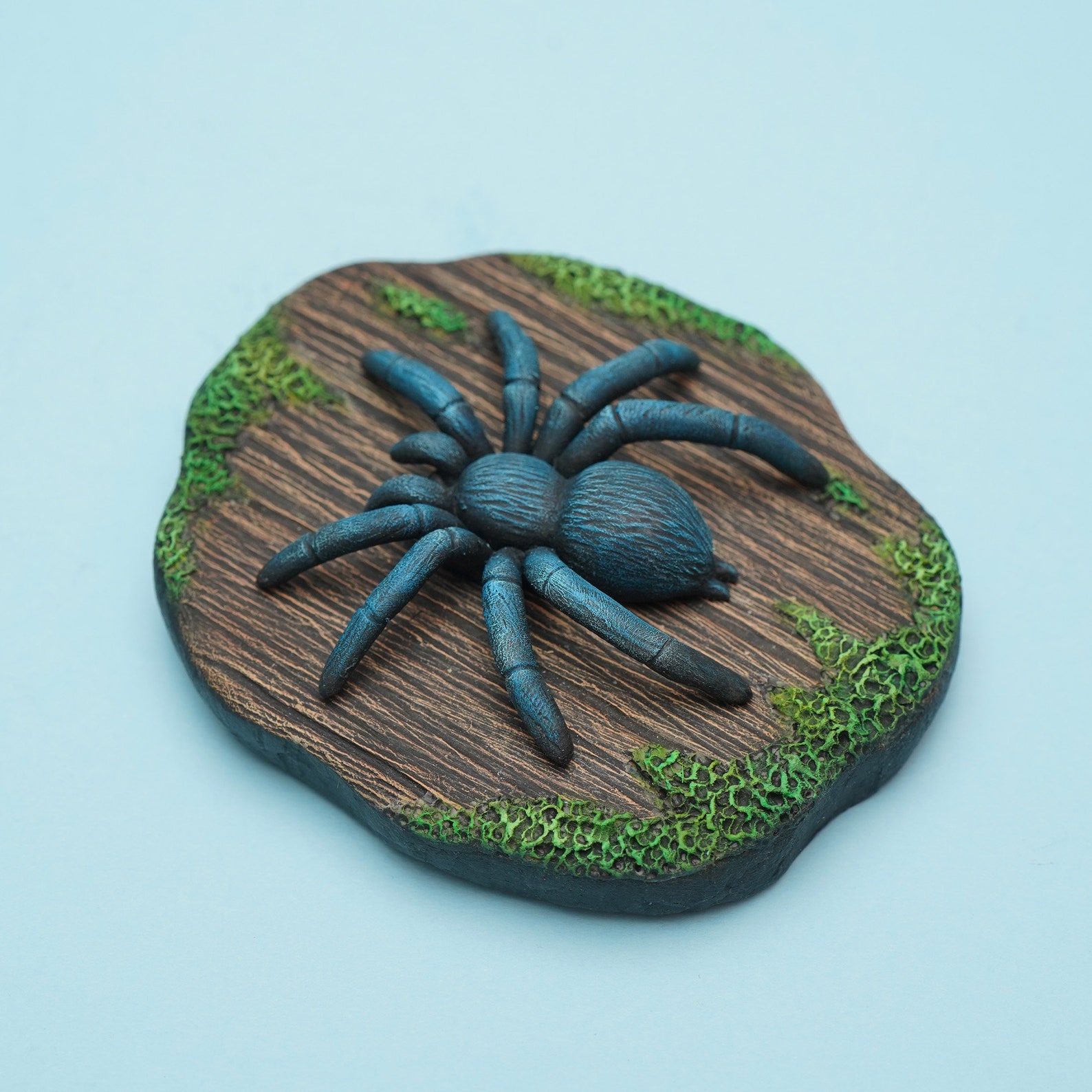 Wall Hanging Figurine in Polymer Clay. Blue Tarantula Spider on Wood ...