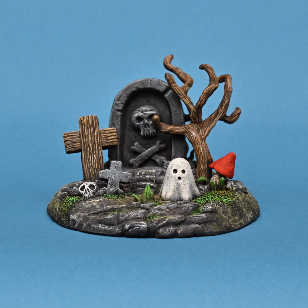Handmade Halloween Graveyard Figurine, Spooky Ghost Tombstone Scene - Etsy