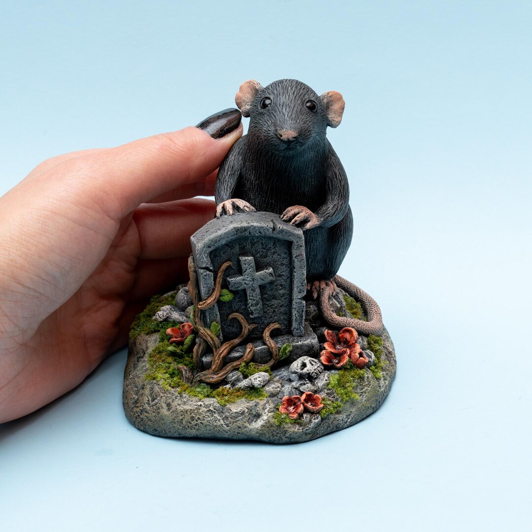 Dumbo Rat on Cemetery. Tombstone Red Flowers Skulls on Rock. Colorful ...