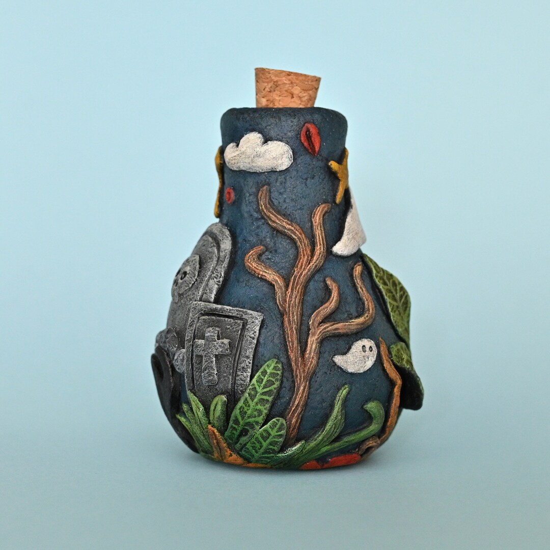 Polymer Clay Glass Bottle Creepy Cemetery With Ghosts Ornaments ...