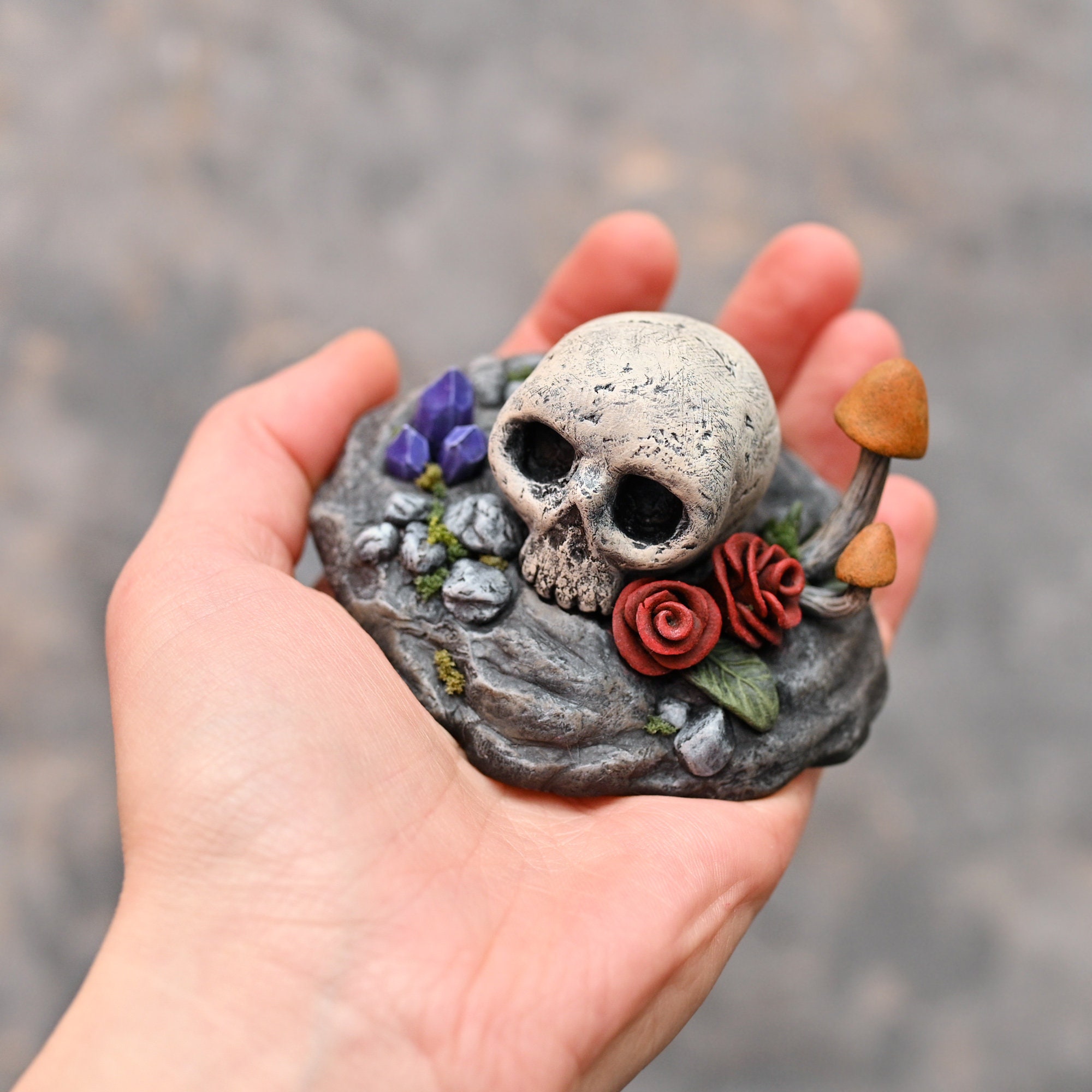 Handmade Creepy Skull Miniature, Polymer Clay & Resin, Roses and ...