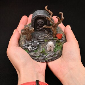 Handmade Halloween Graveyard Figurine, Spooky Ghost Tombstone Scene - Etsy