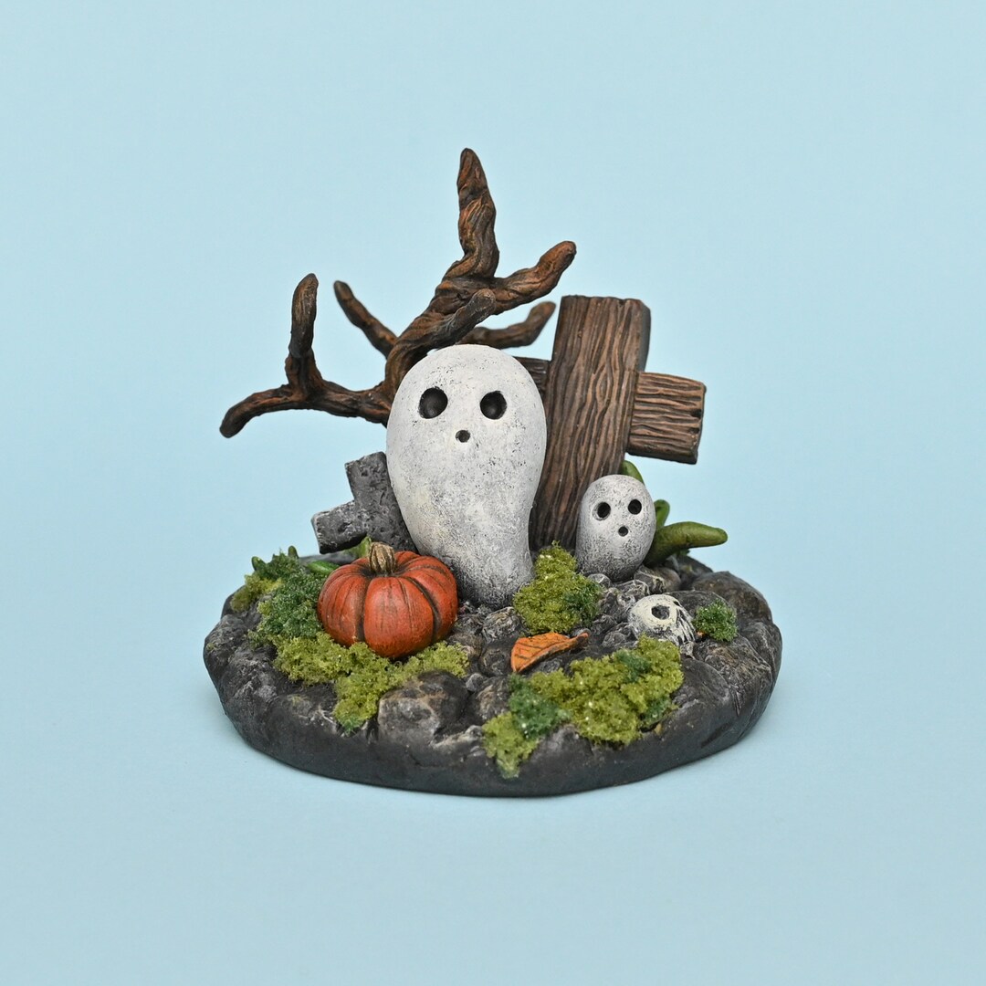 Cute Little Ghosts on Cemetery. Creepy Graveyard Figurine. Polymer Clay ...