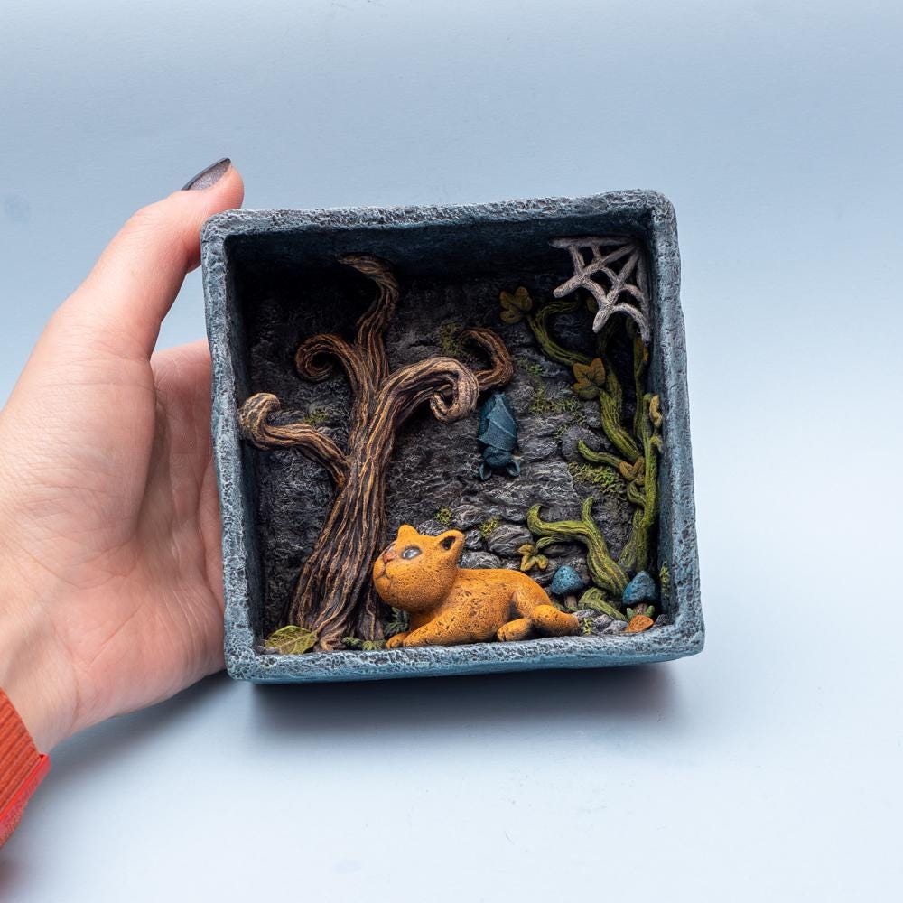 Orange Cat Under the Haunted Tree in Polymer Clay. Handmade Decoration ...