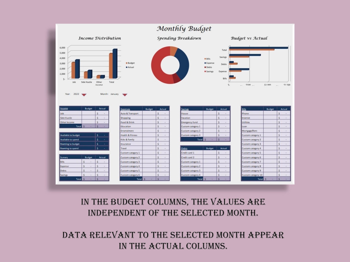 Simple Smart Monthly Budget Spreadsheet Template for Excel, Budget ...