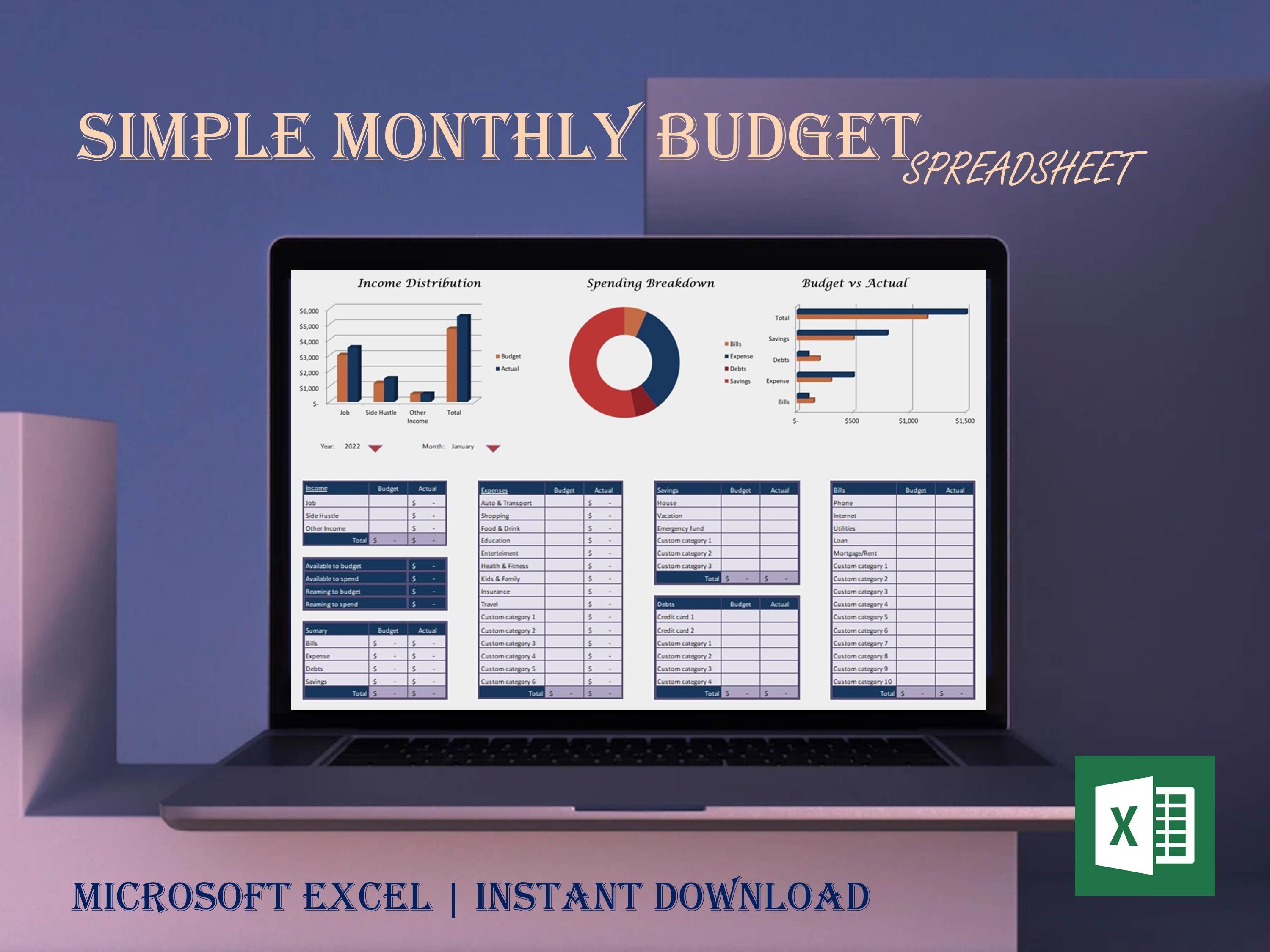 Simple Monthly Budget Spreadsheet Template for Excel, Budget Sheet ...