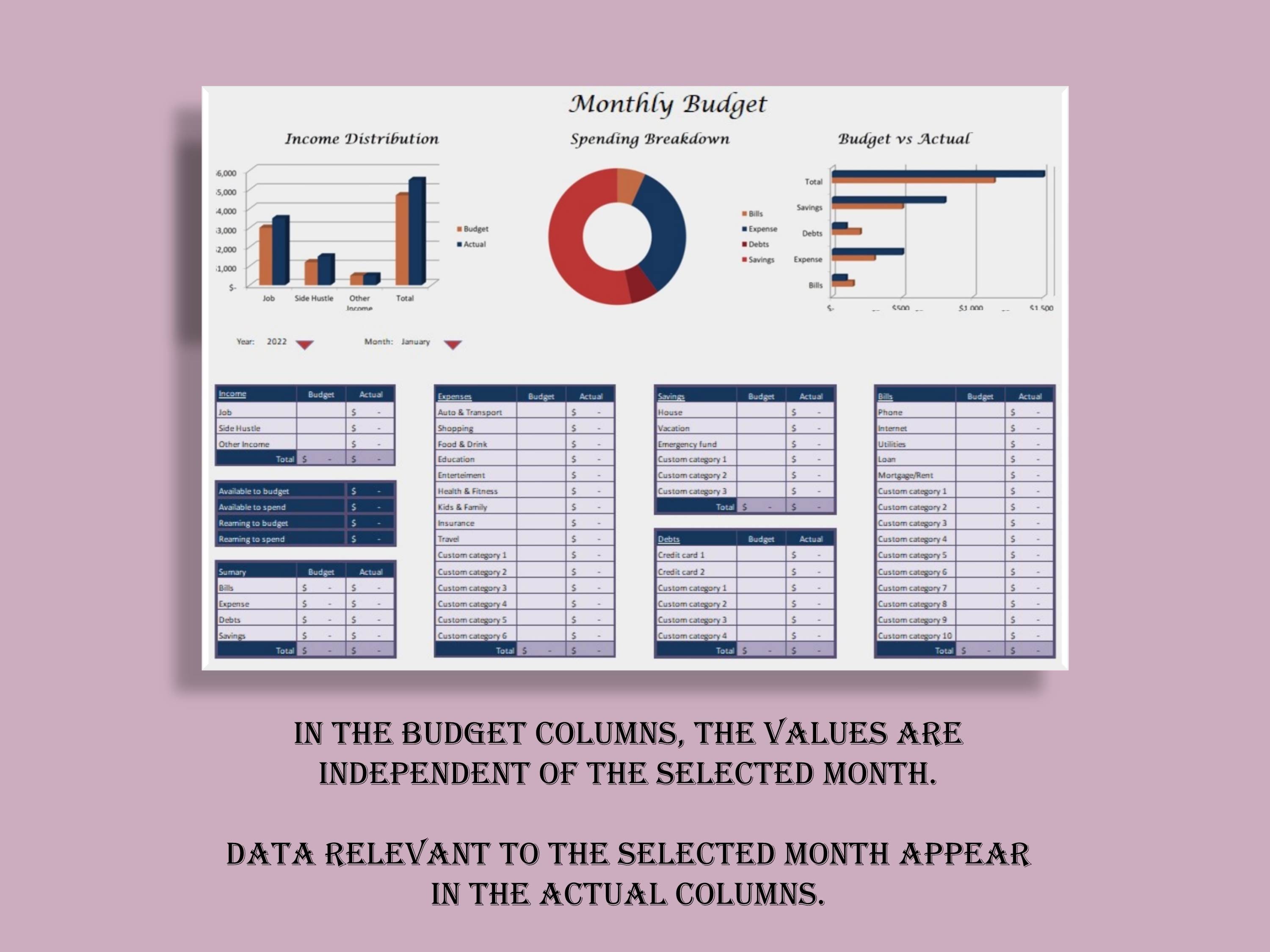 Simple Monthly Budget Spreadsheet Template for Excel, Budget Sheet ...