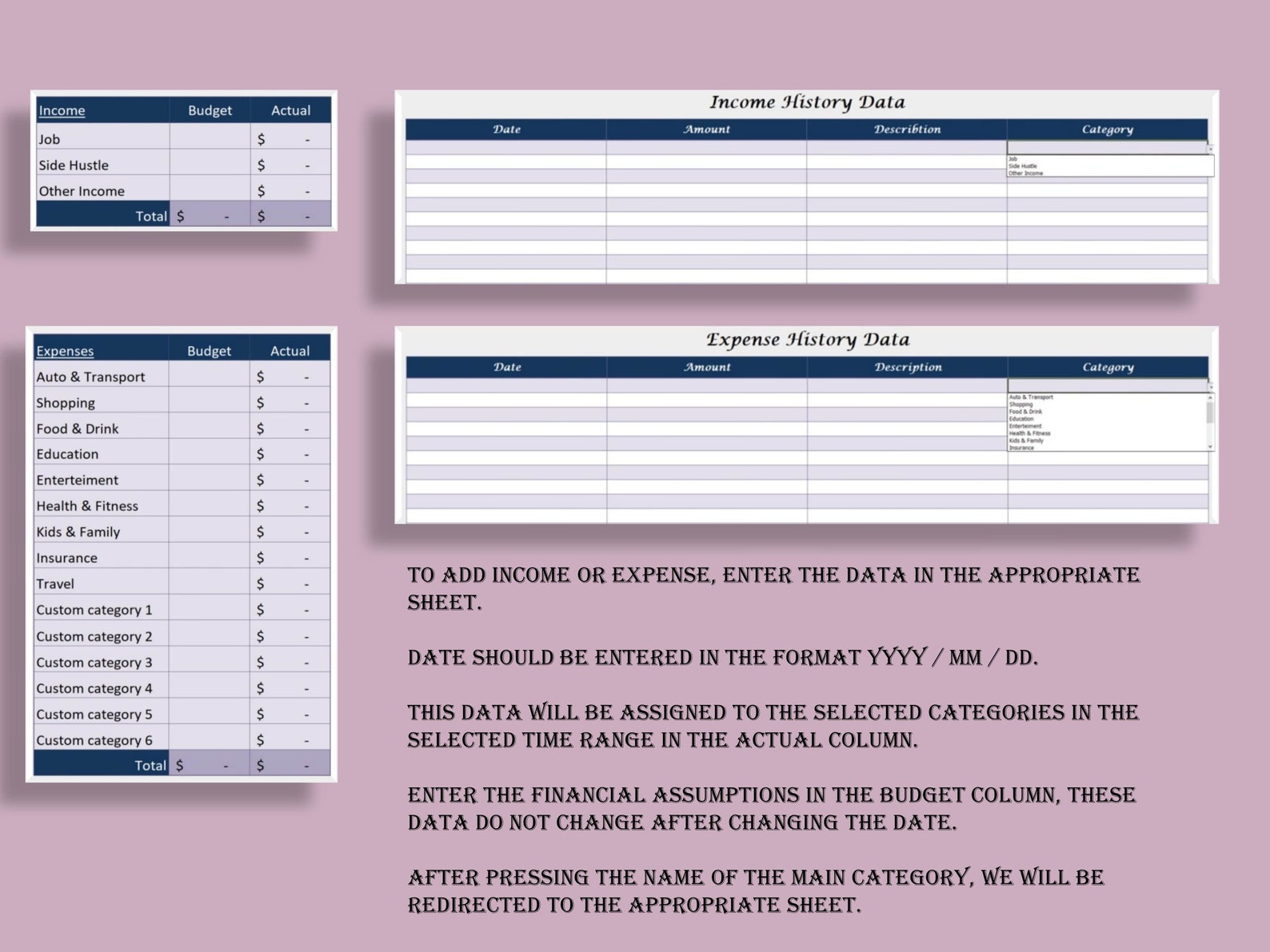 Simple Monthly Budget Spreadsheet Template for Excel, Budget Sheet ...