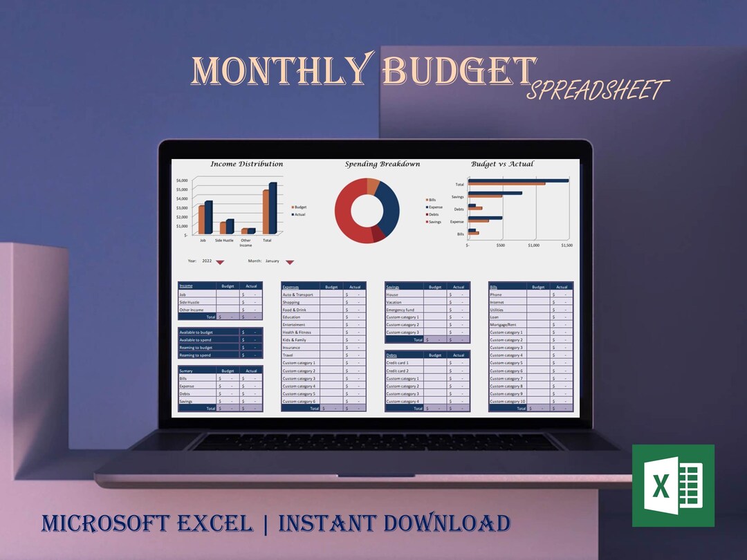 Monthly Budget Spreadsheet Template for Excel, Budget Sheet, Budget ...