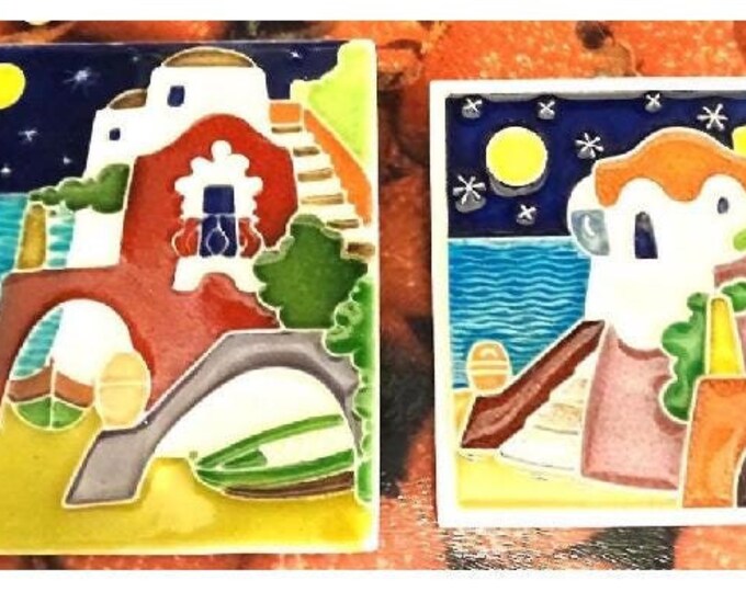 Pair of Colourful Italian Creation Luciano Wall Tiles / Coaster Largest ...