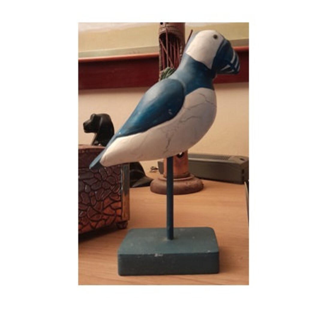Hand Carved Wooden Puffin rustic Blue and White. 19cms Tall - Etsy