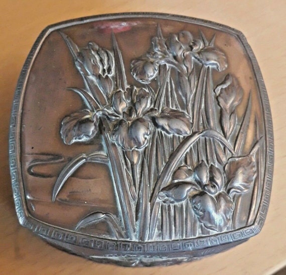 Antique Bronze Lidded Trinket Box Art Nouveau Silk Li… - Gem