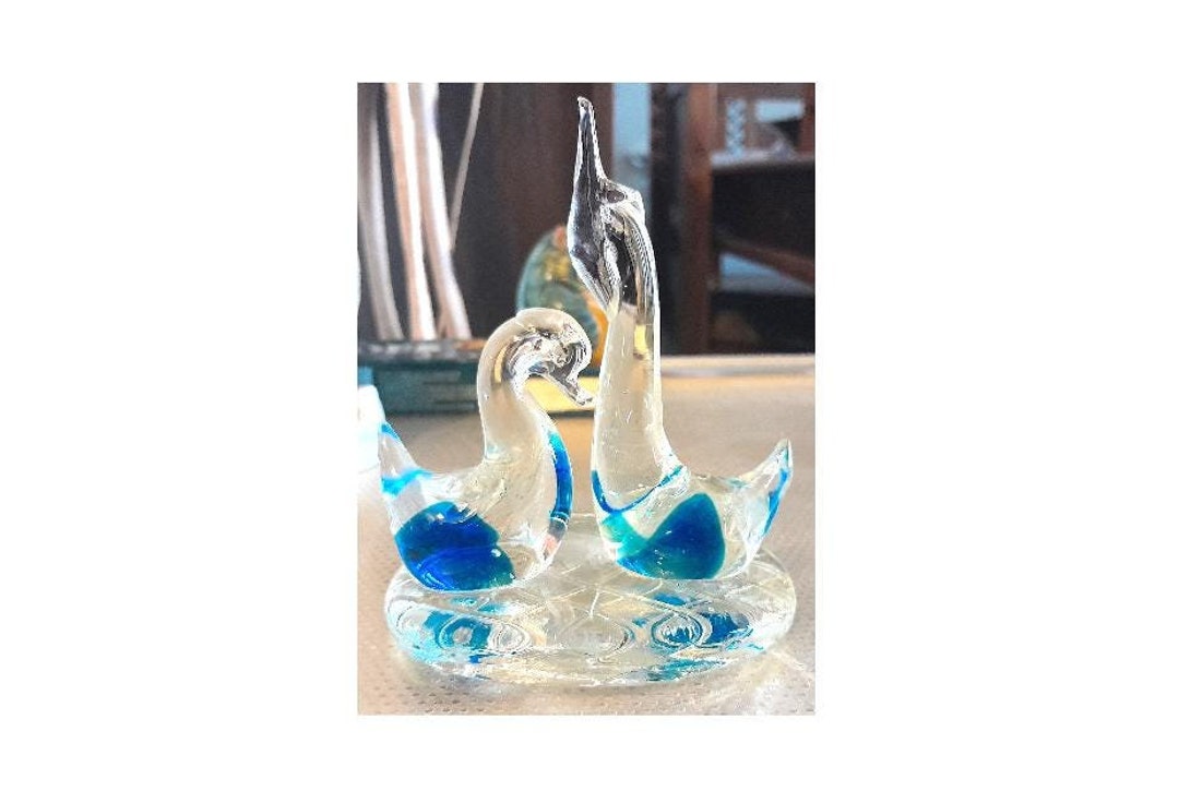Blown Glass Figural Paperweight 5x6x4" Clear to Blue, Birds on Plinth ...