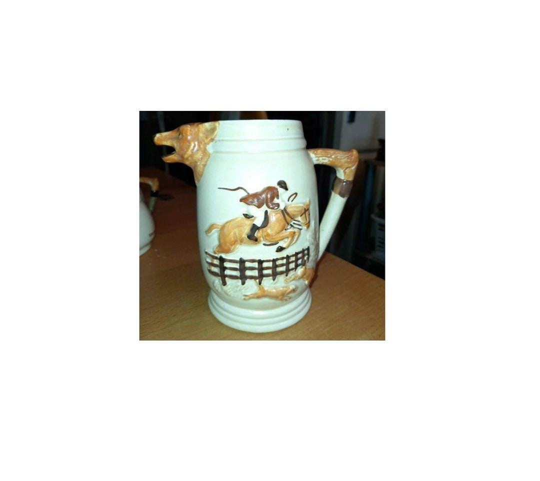 Hunting Theme Ale Pitcher Jug Fox Head Spout Tail Handle PPC England ...