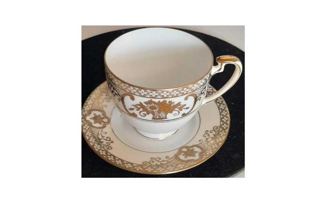 1950s NORITAKE Japan Gold Basket No 5567 White Porcelain Cup and Saucer ...