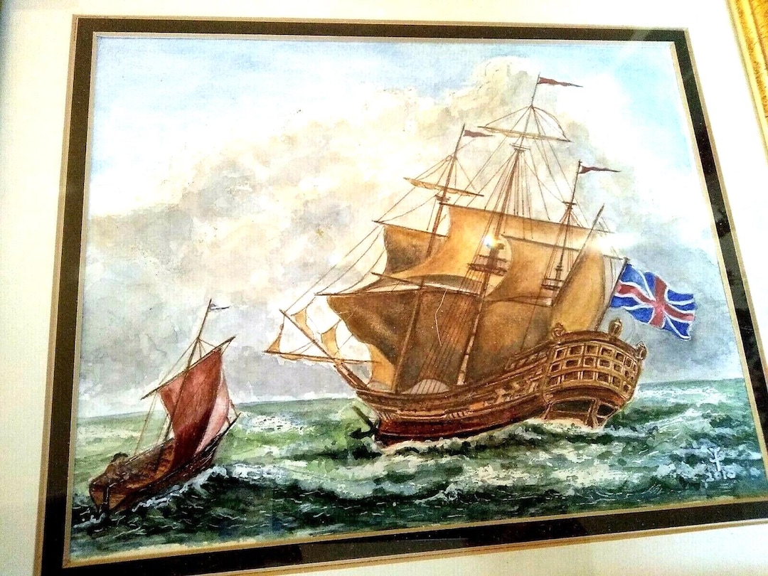 Small 35 X 30 Cm Original Watercolour Painting British Galleon at Sea ...