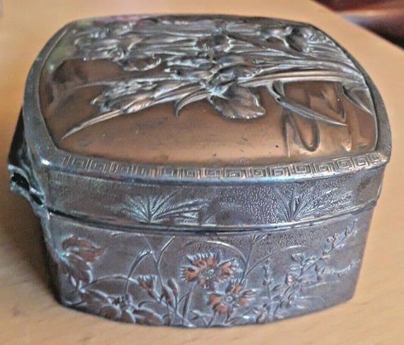 Antique Bronze Lidded Trinket Box Art Nouveau Silk Li… - Gem