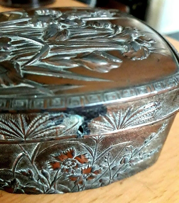 Antique Bronze Lidded Trinket Box Art Nouveau Silk Li… - Gem