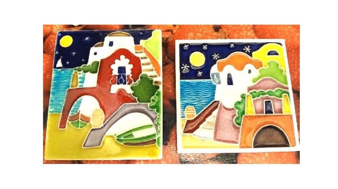 Pair of Colourful Italian Creation Luciano Wall Tiles / Coaster Largest ...