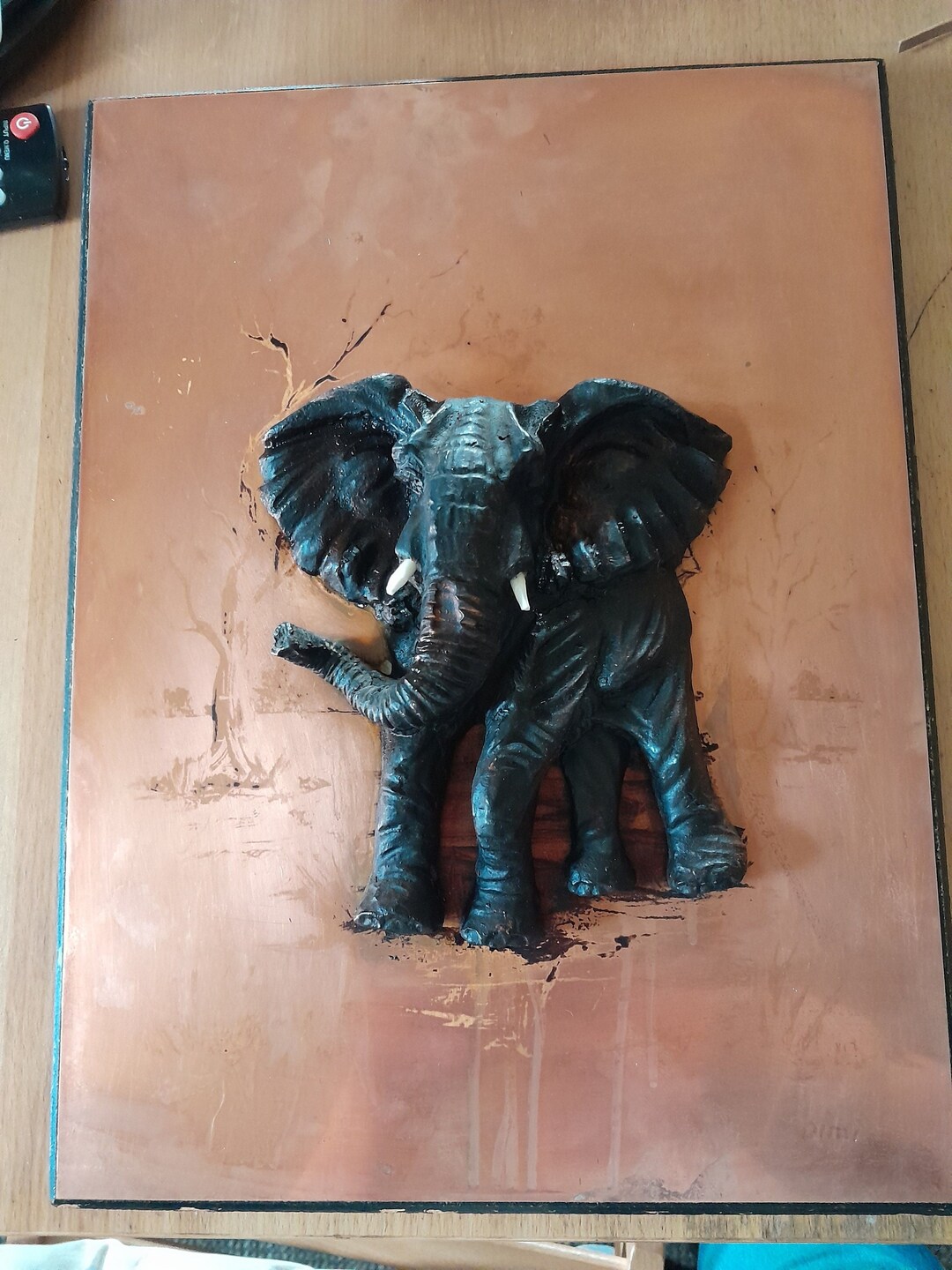 Vintage 3D Wall Art Elephant Plaque Sculpture on Pure Copper Plate Dimi ...