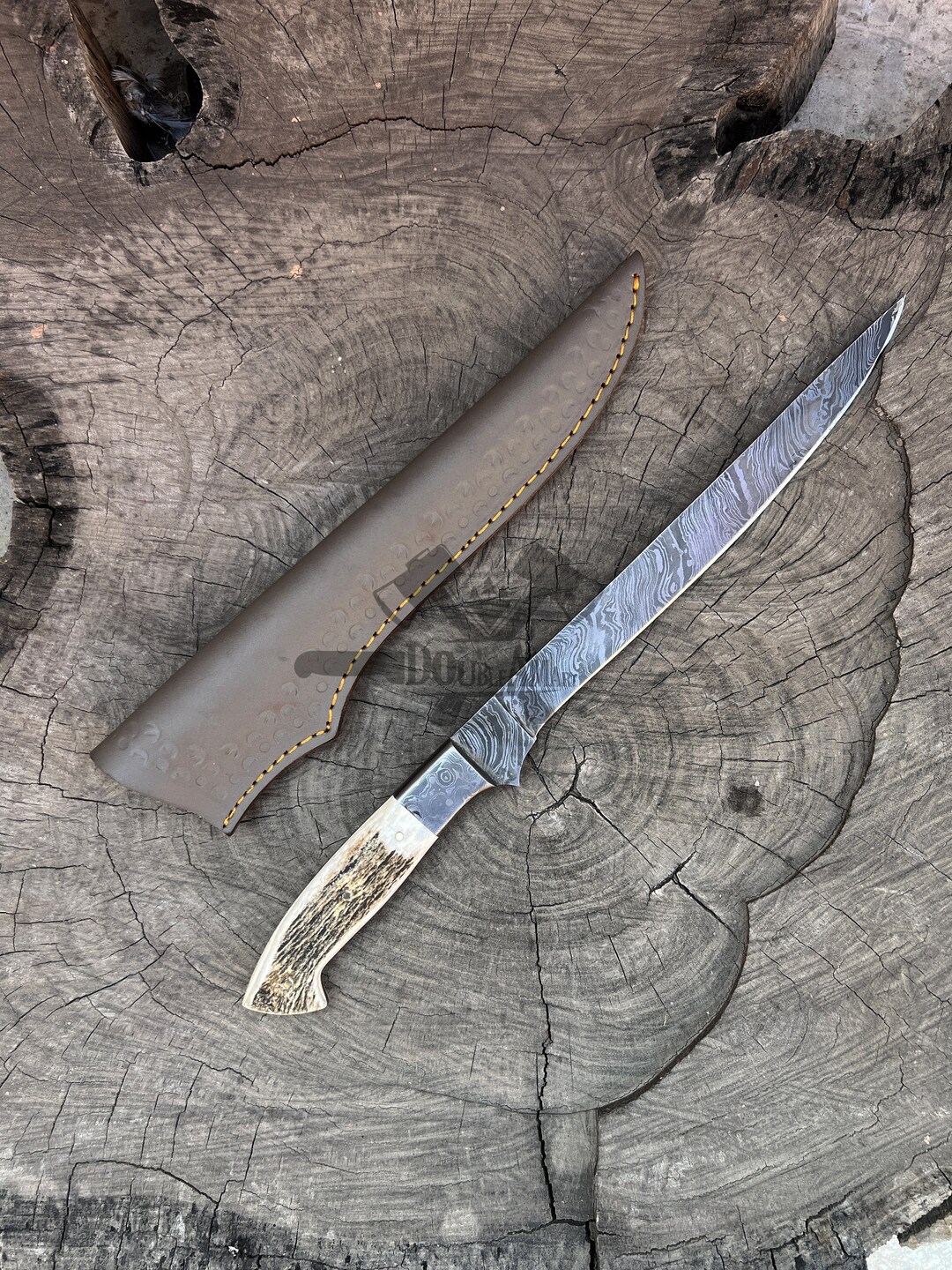Fisherman Knife, Damascus Steel Fishing Fillet Knife Stag Antler Handle ...