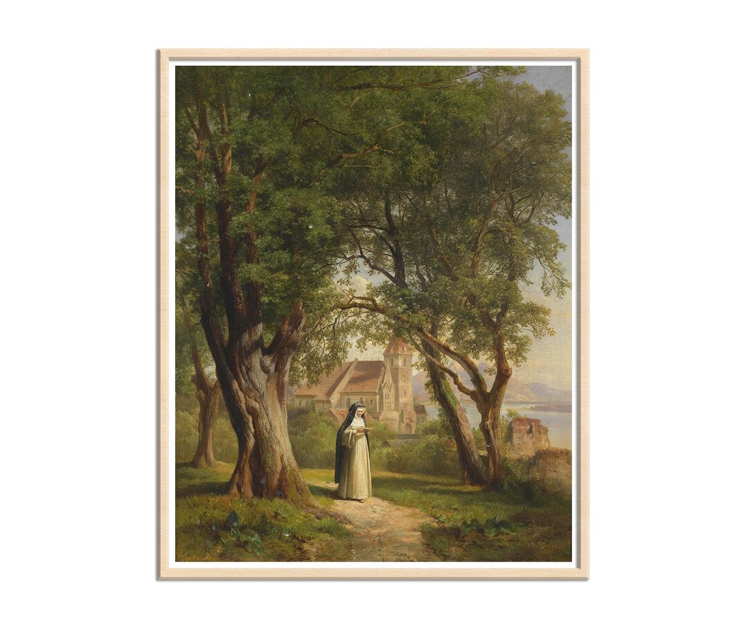 Nun, Nun Reading Bible in Grove, Religious Painting, Catholic Daily ...