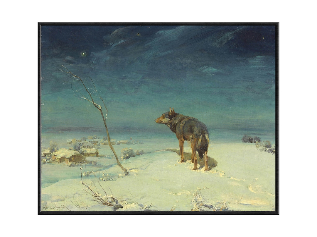 Antique Lone Wolf Painting Cavas Wall Art Print, Alfred Wierusz ...