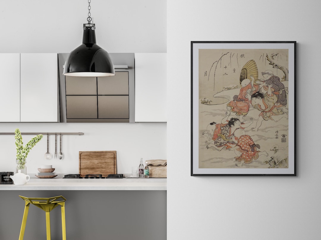 Kids Snowball Fight Antique Japanese Painting Canvas Print Wall Art ...