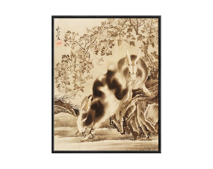 Vintage Japanese Rabbits Art Print, Antique Rabbit Painting, Bunnies ...