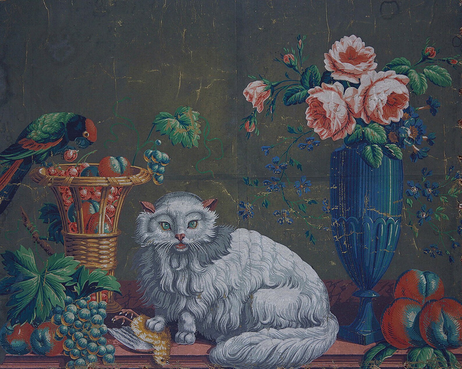 Vintage Long Hair Cat Canvas Print, Pink Rose, Parrot - Etsy