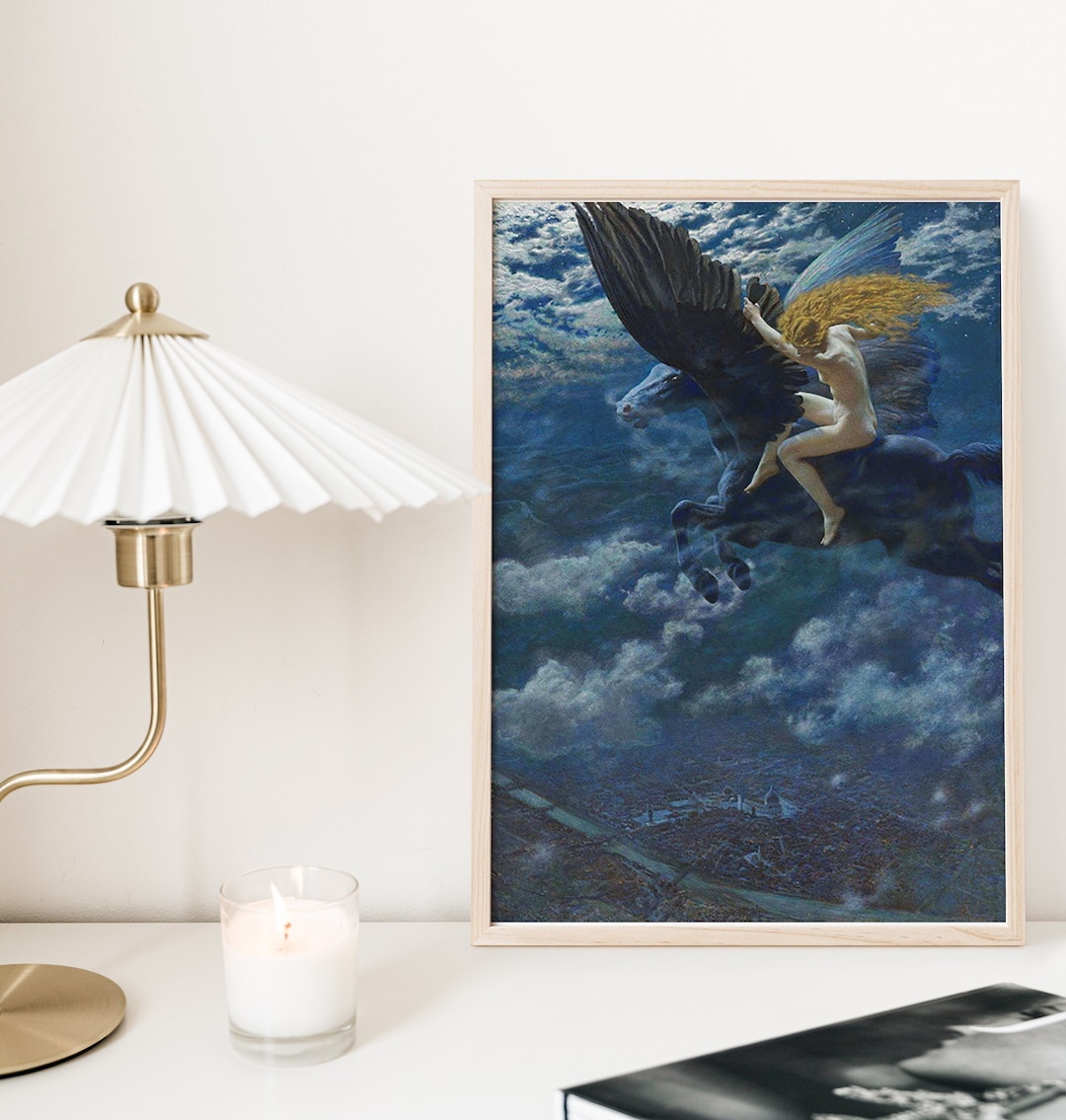 A Witch Riding on Flying Horse on Sky, Aestheticism Painting, Witch ...