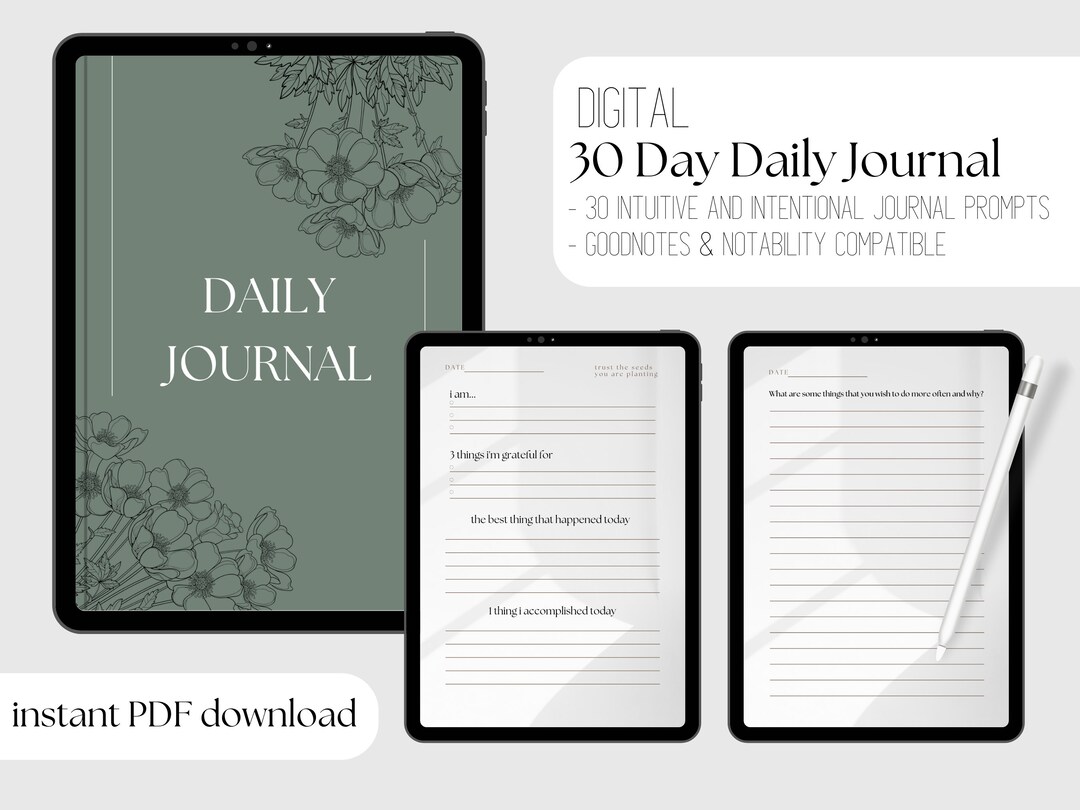 Digital 30 Day Daily Journal, Unique Journal Prompts, Self Care Journal ...