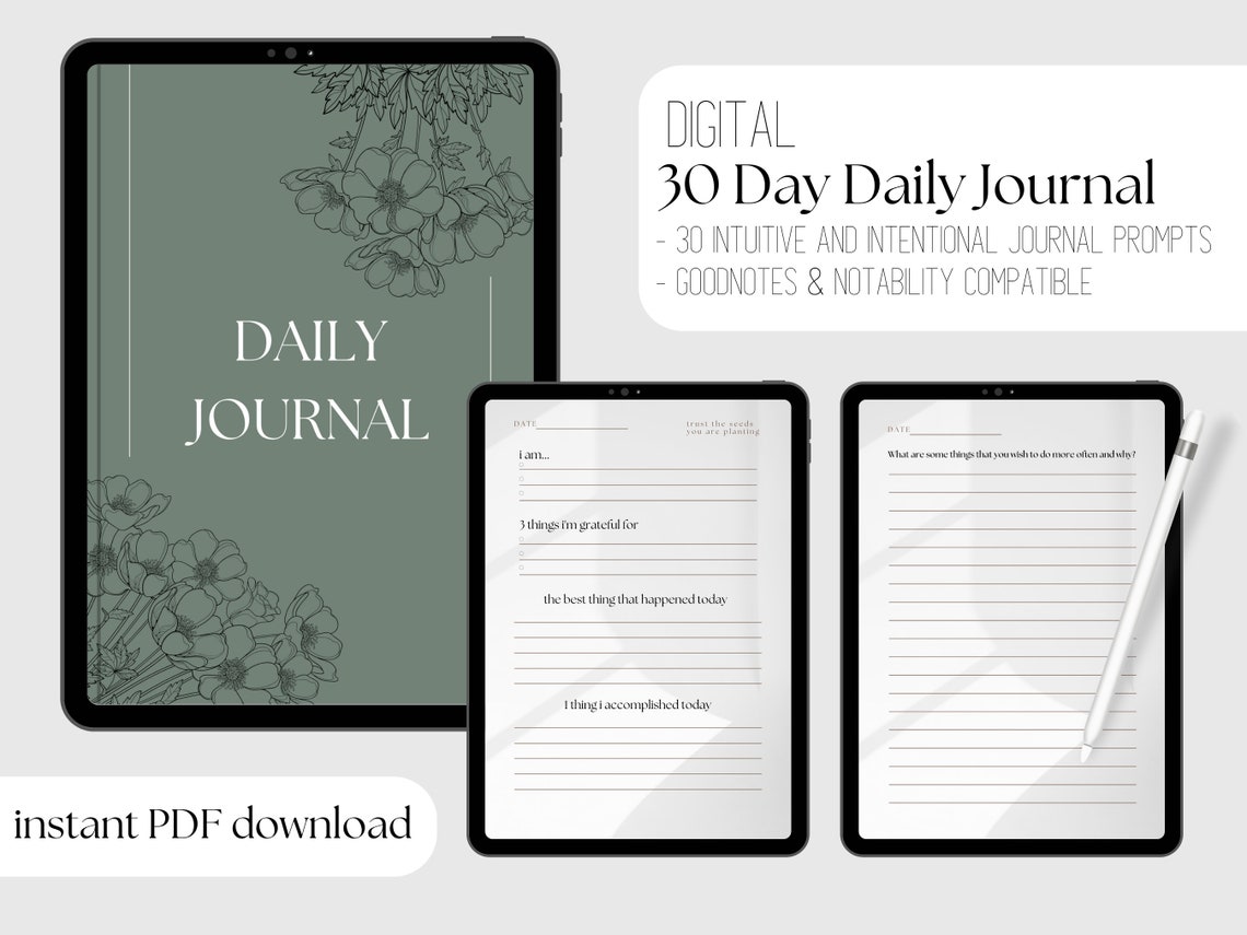 Digital 30 Day Daily Journal, Unique Journal Prompts, Self Care Journal ...