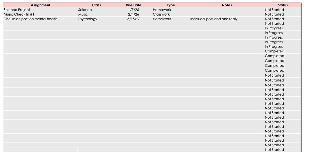 School Assignment Tracker Excel Template - Etsy