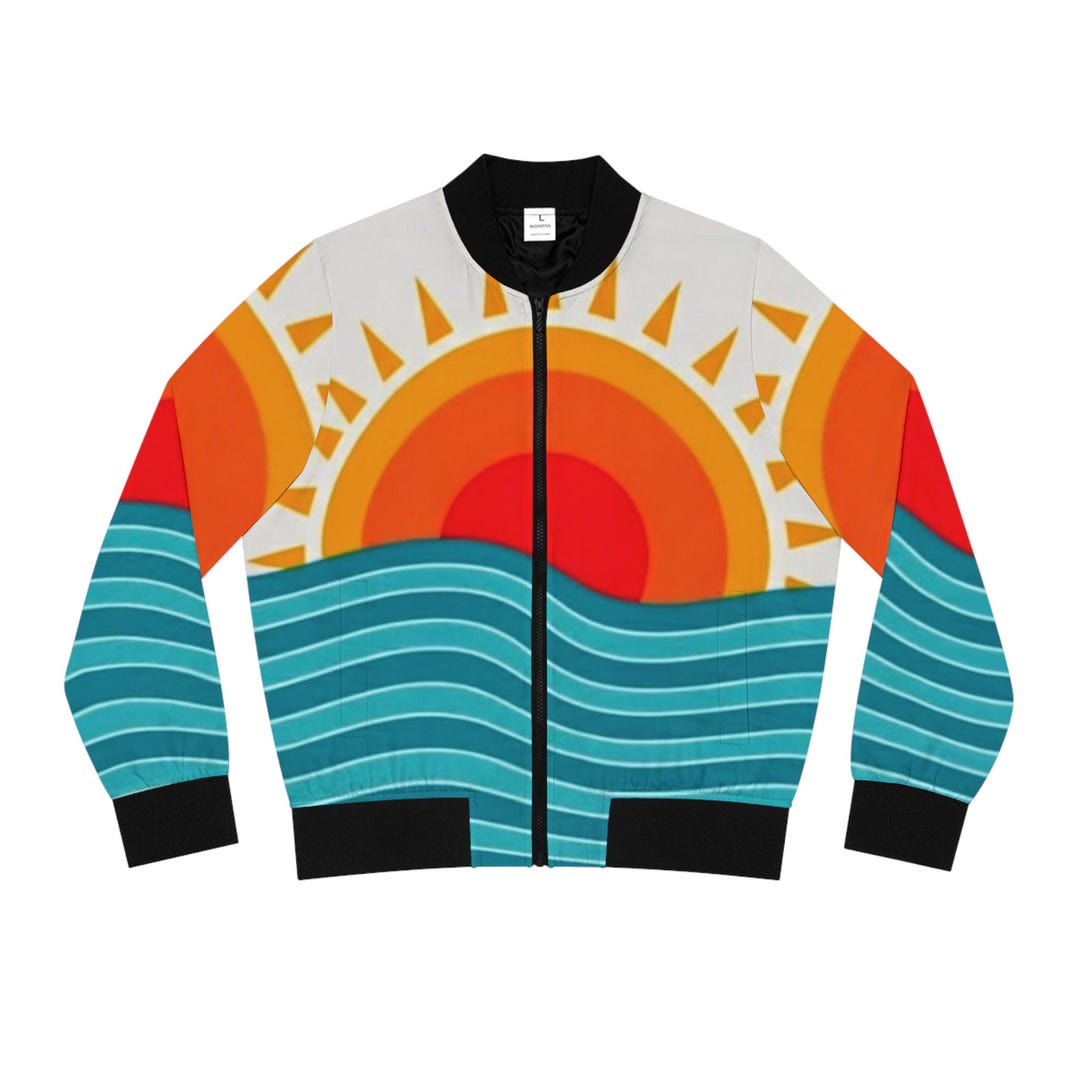 Sunset Waves Bomber Jacket | Retro Sunset Ocean Graphic - Etsy
