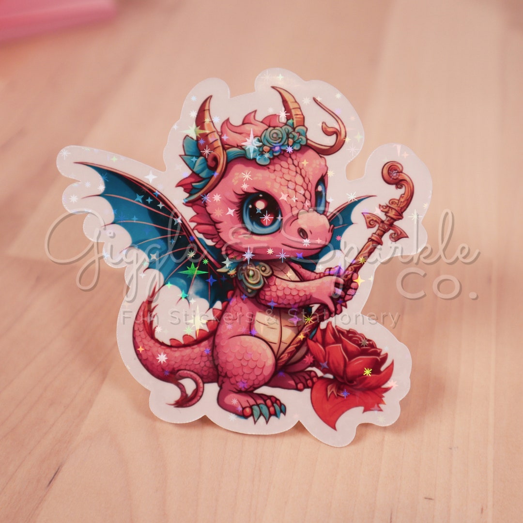 Cute Valentine's Day Dragon With Red Flower With Holographic Sparkles ...