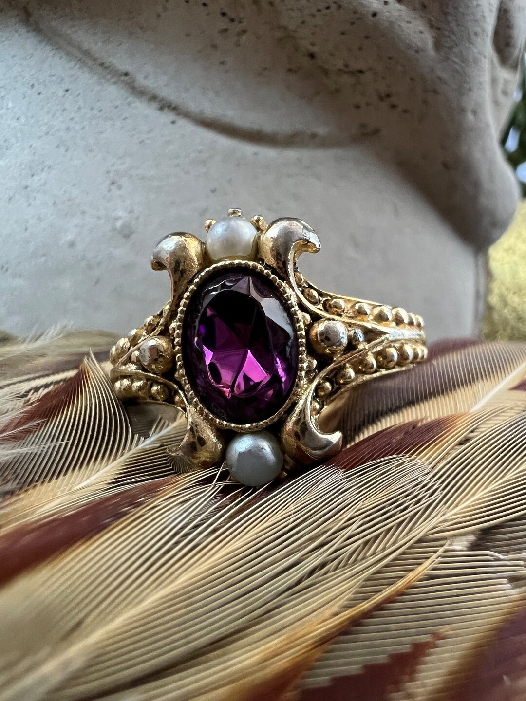 Avon Queensbury Faux Amethyst and Faux Pearl Gold Tone Ring - Etsy