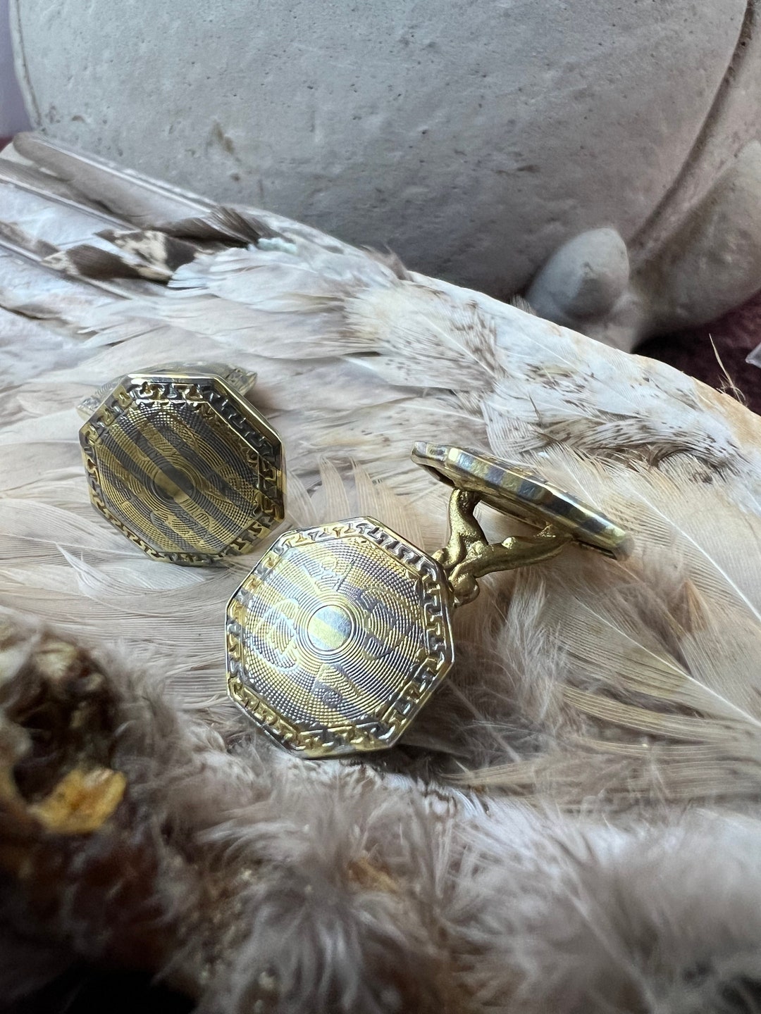 Two Tone Rolled Gold Vintage Cuff Links Signed HWK Co, Art Deco Style ...