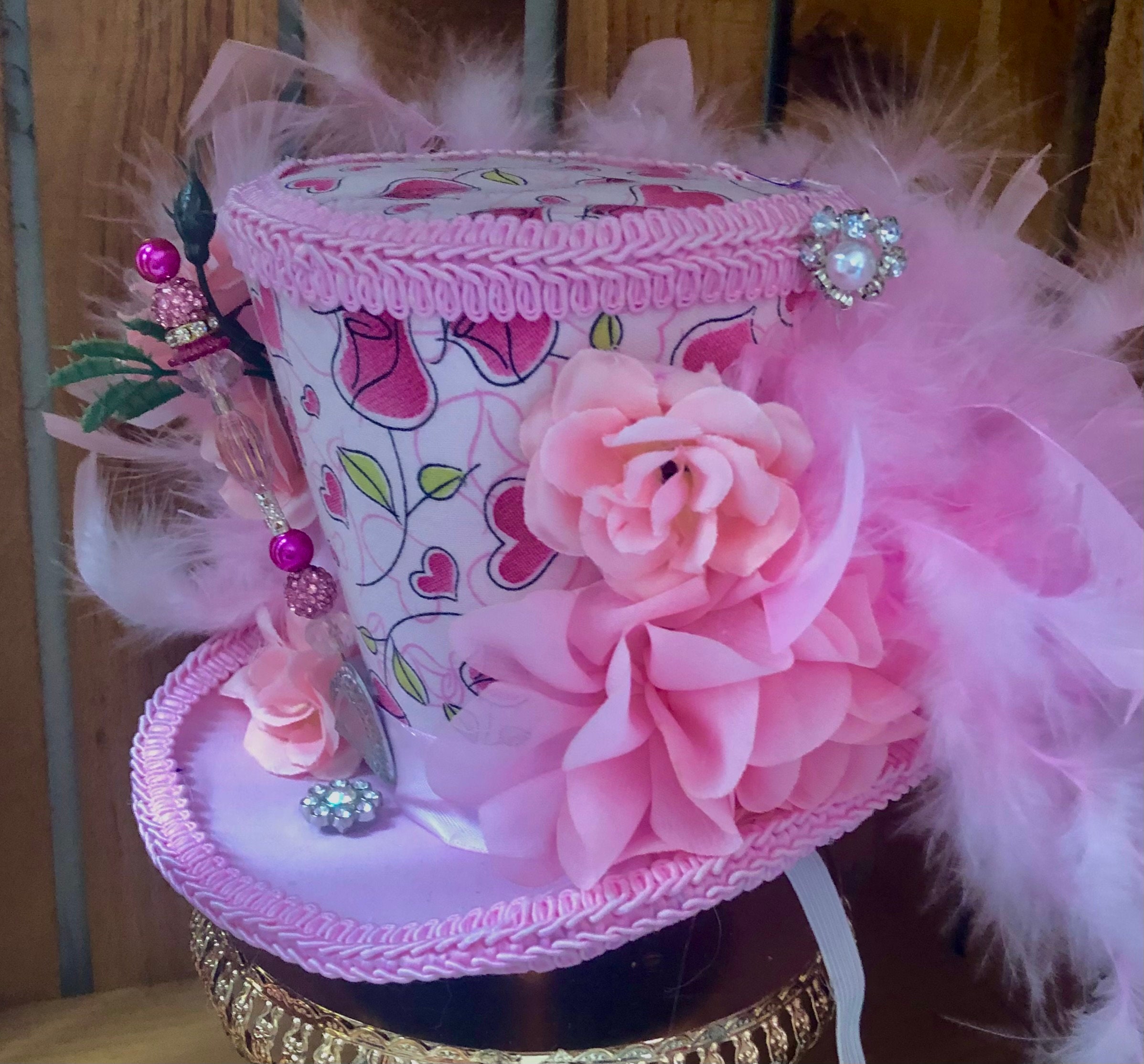 Pink Heart & Roses Tea Top Hat, Flower Tea Fascinator, Tea Party Hat ...