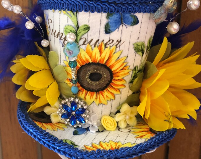 Sunflower Tea Hat,blue & Yellow Garden Tea Top Hat Fascinator, Derby ...
