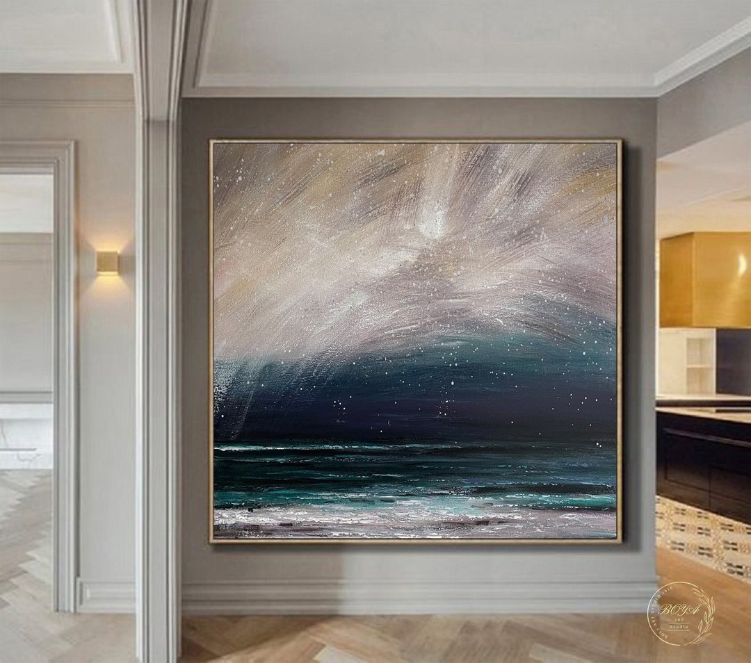 Large Sky Painting Golden Abstract Painting Green Sea Waves Painting ...