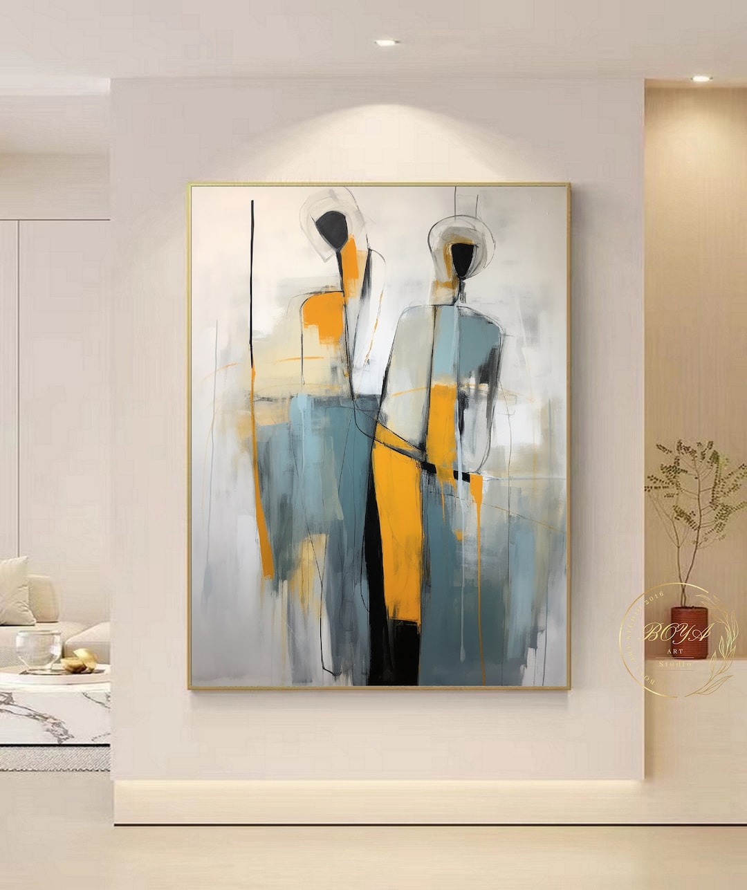Large Figure Abstract Painting Minimalism Wall Art Yellow Abstract Art ...